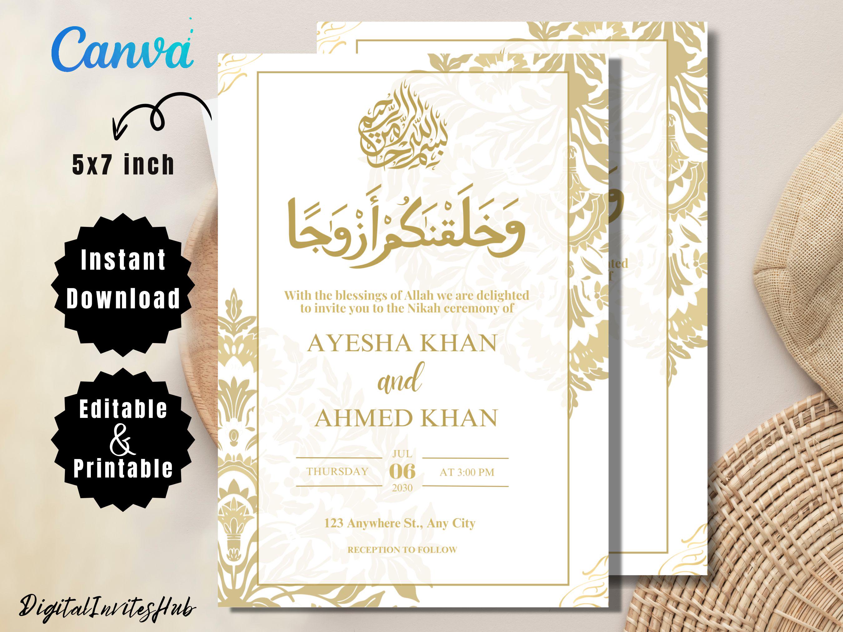 White and Gold Nikkah Invitation Card, Digital Muslim Wedding Invite ...
