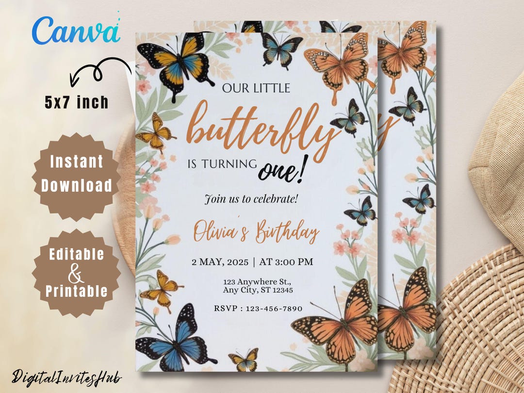 Butterfly 1st Birthday Invitation: Girl Party, 5x7 (digital Download ...