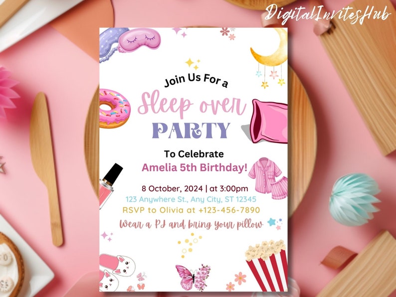 Editable Sleepover Birthday Invitation, Neon Sleepover Invite, Slumber ...