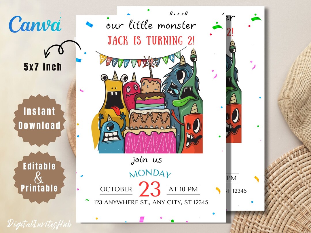 Editable Monster Birthday Invitation Template: 5x7 Inch (digital ...