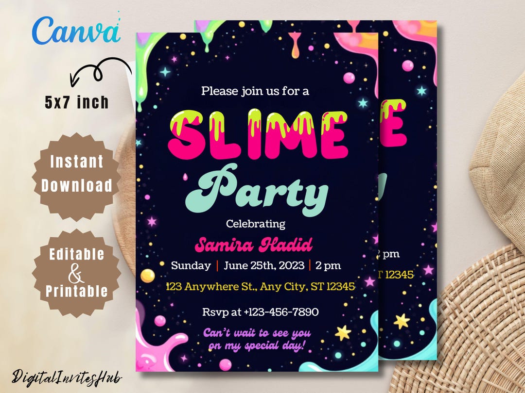Slime Party Birthday Invitation: Editable Template (5x7 Inches ...
