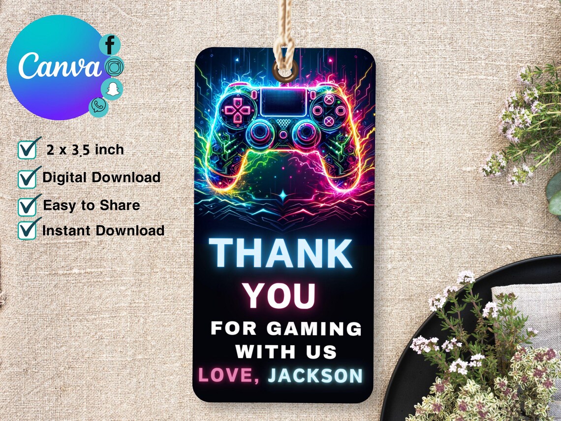 Gaming Thank You Gift Tag: Editable Video Game Party Favor (digital ...