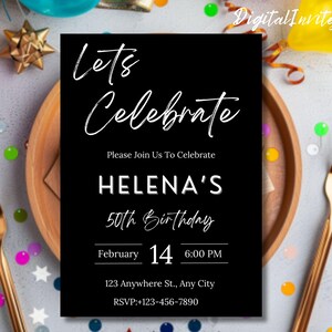 Let's Celebrate Party Invitation Printable Birthday Editable Birthday Party Invite Gold Glittery ...