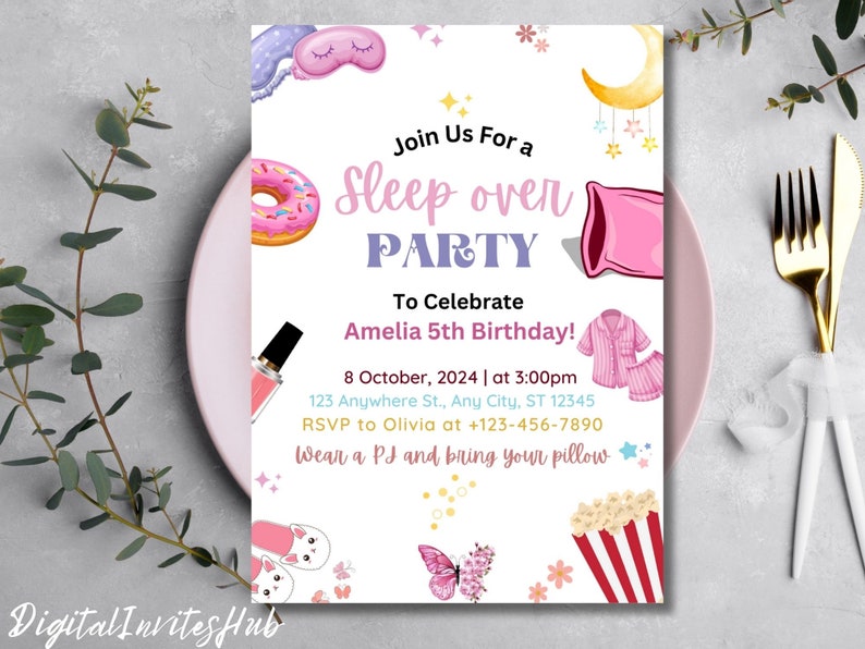 Neon Sleepover Birthday Invitation: Slumber Party Invite (canva, 5x7 ...