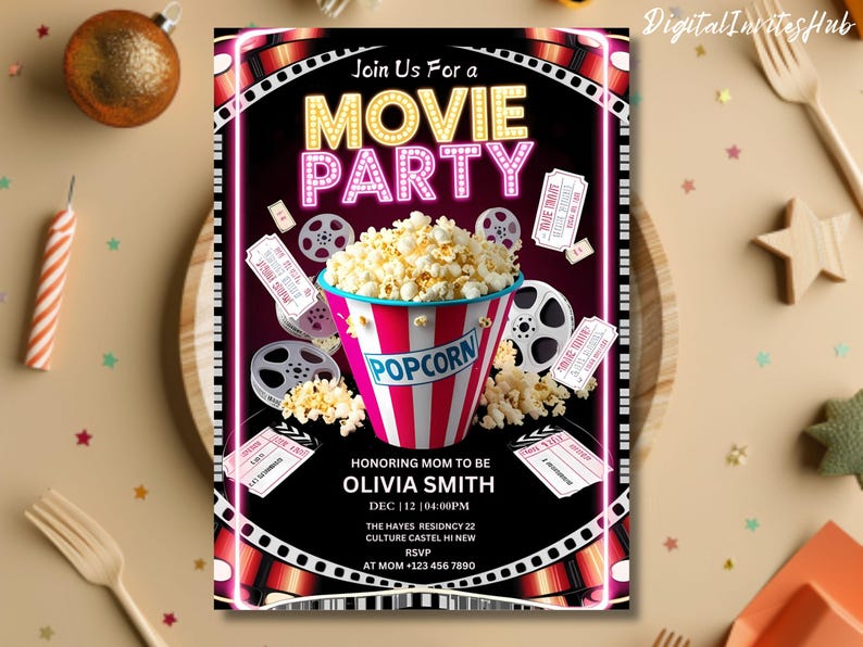 Editable Movie Party Birthday Invitation: Canva Template (digital ...