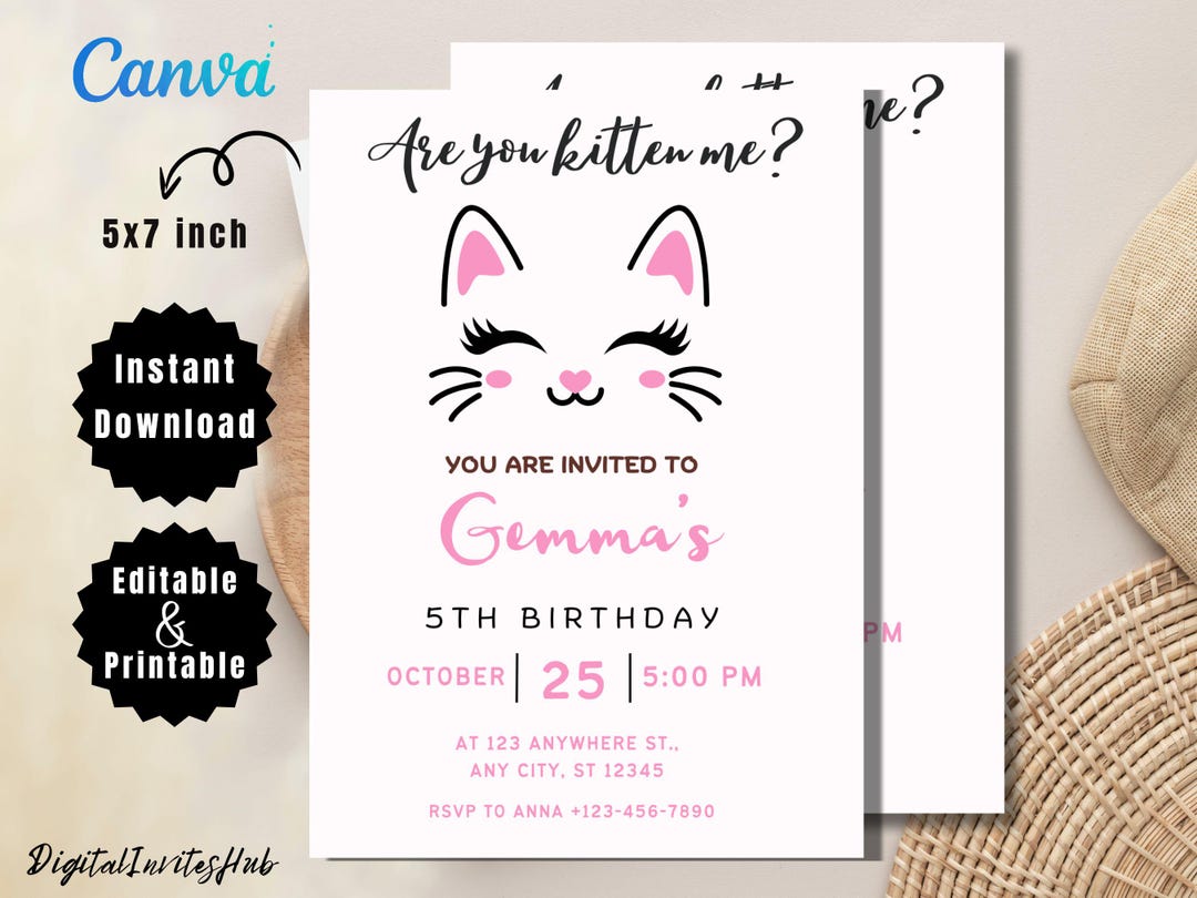 Cat Birthday Invitation, EDITABLE Purrfect Party Invite Template, Canva ...