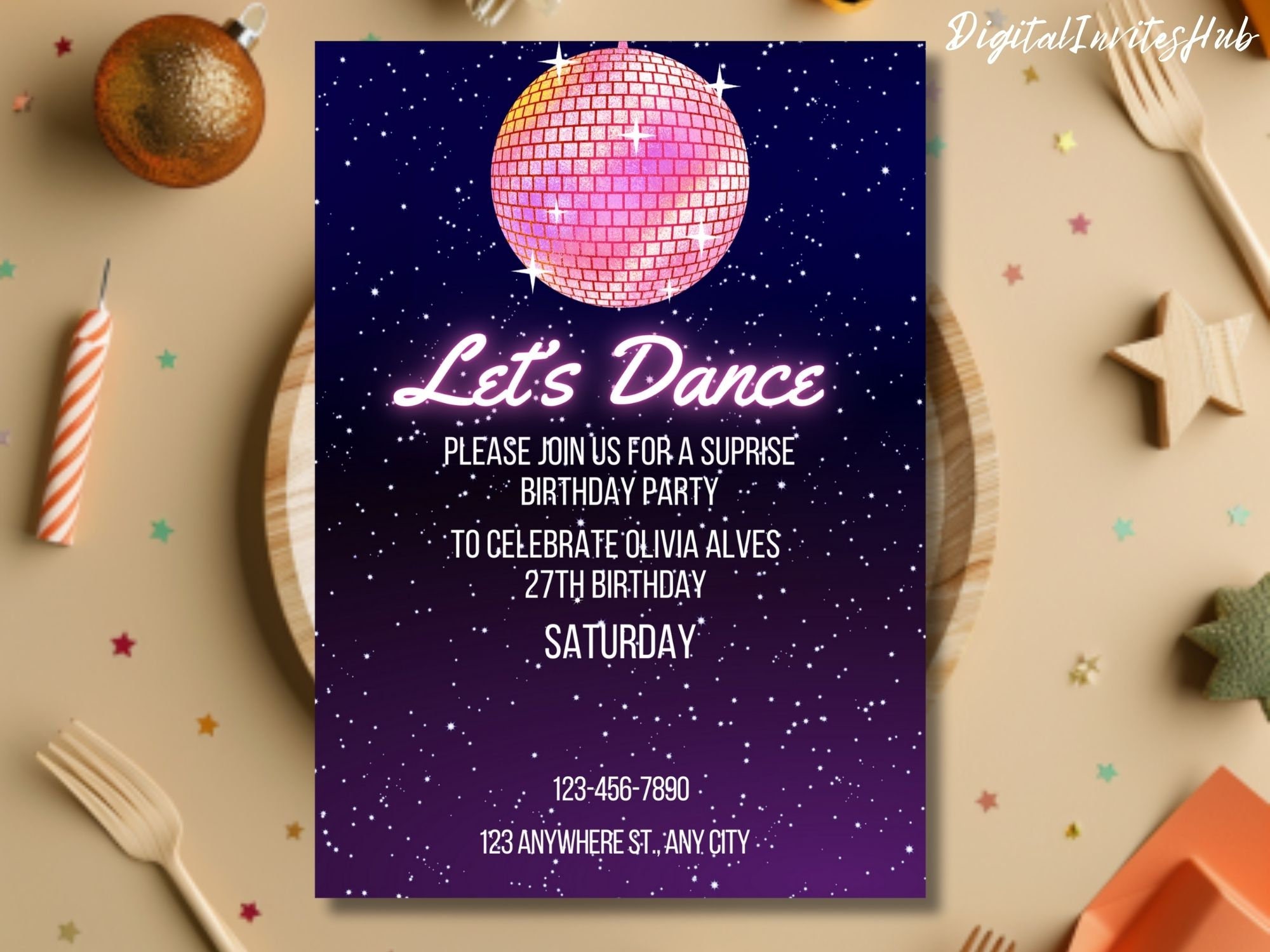 Editable Disco Party Invitation Minimalist Personalized Invitation Neon ...