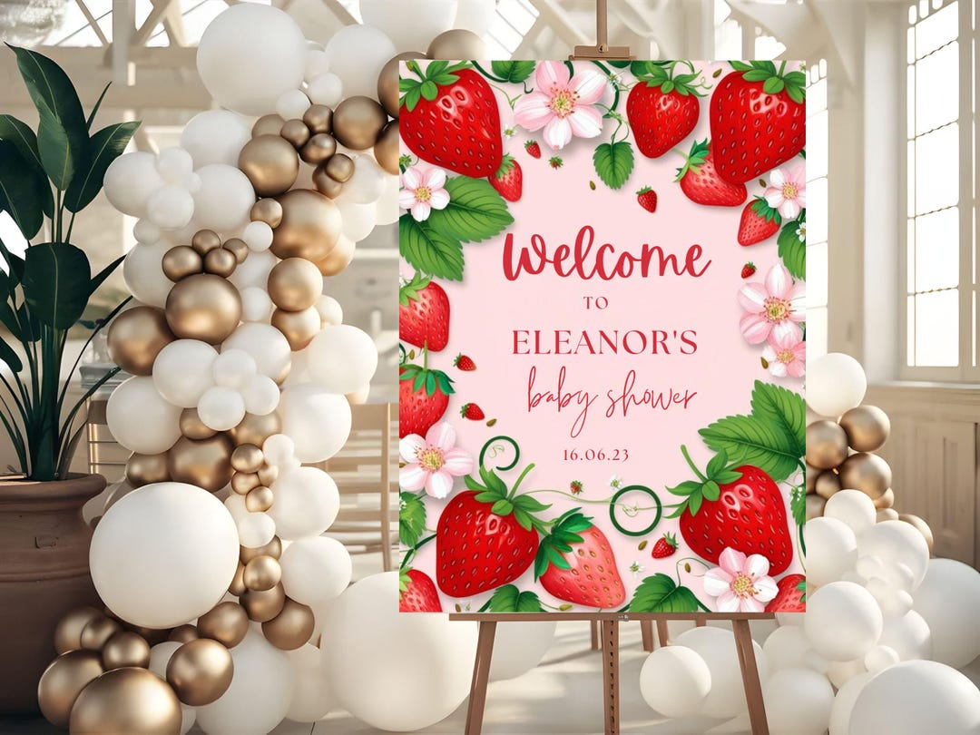 Strawberry Baby Shower Welcome Sign: Berry Sweet, Editable (16x20 ...