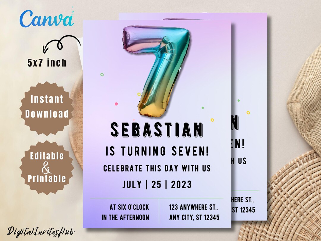 Editable 7th Birthday Invitation Glitter Seventh Birthday Invitation ...