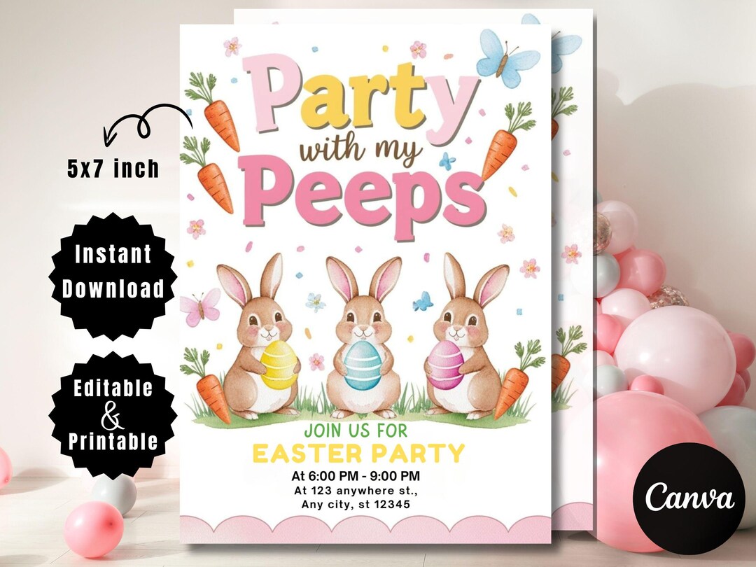 Editable Easter Party Invitation | Party With My Peeps | Happy Rabbit ...