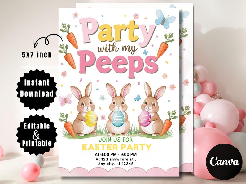 Editable Easter Party Invitation | Party With My Peeps | Happy Rabbit ...