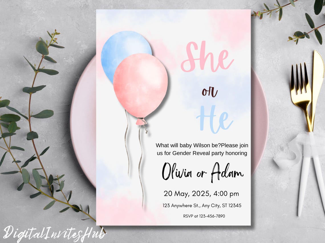 Gender Reveal Invitation Template: Balloons, Editable, Printable ...