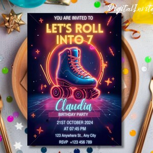 Editable Roller Skating Invitation Glow Party Birthday Invitation, Glow ...