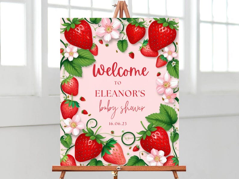 Strawberry Baby Shower Welcome Sign: Berry Sweet, Editable (16x20 ...