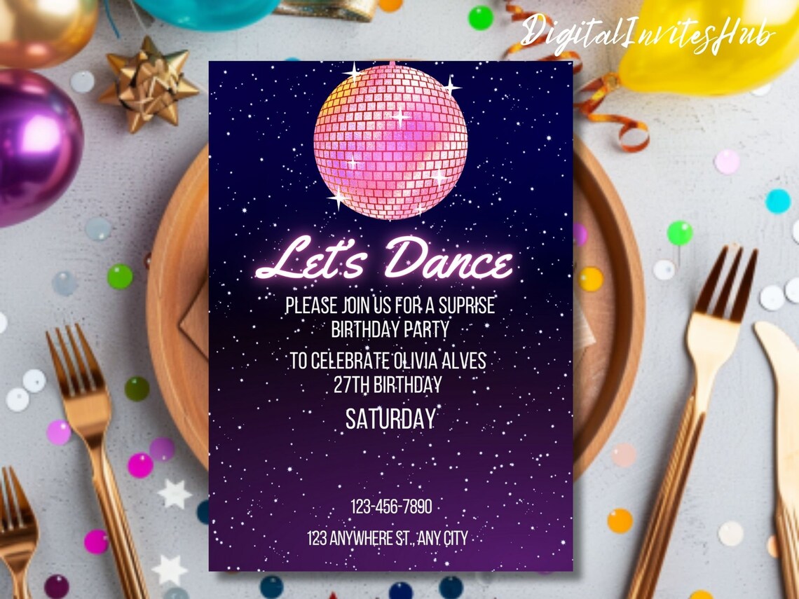 Editable Disco Party Invitation Minimalist Personalized Invitation Neon ...