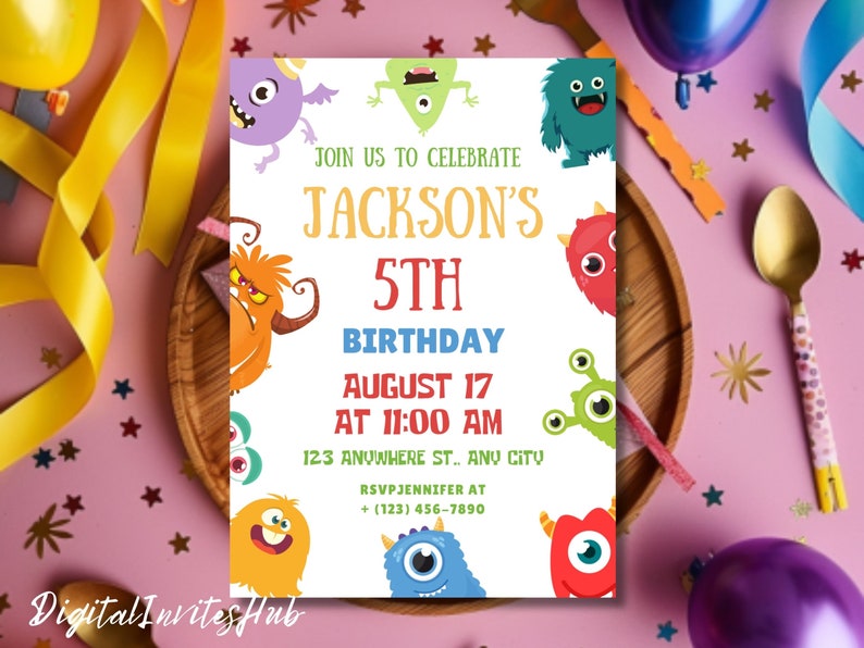 Editable Monster Birthday Invitation Template: 5x7 Inch (digital ...