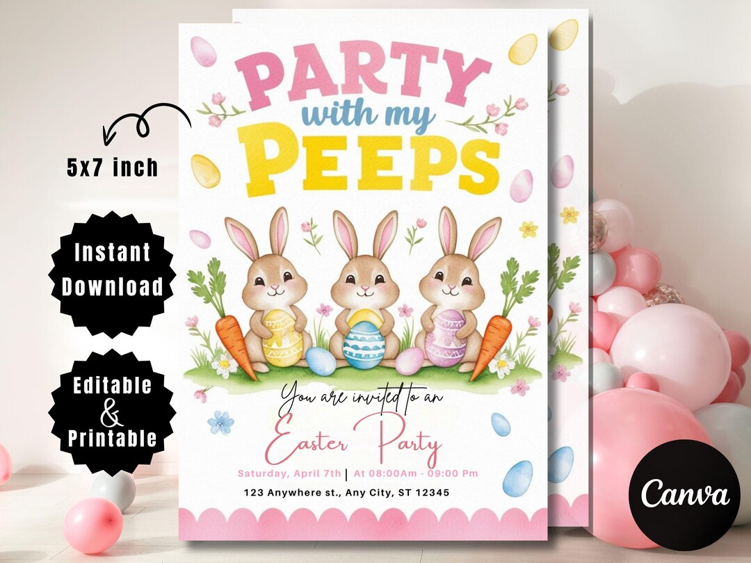 Editable Easter Party Invitation | Party With My Peeps | Happy Rabbit ...