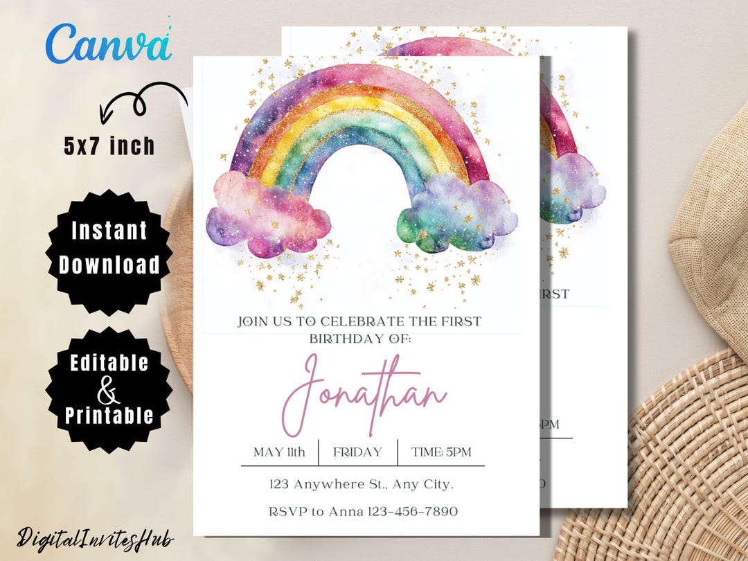 Editable Rainbow Invitation, Rainbow Birthday Invitation, Rainbow ...