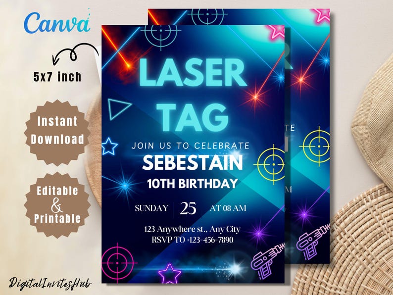 EDITABLE Laser Tag Birthday Invitation, Laser Tag Party Invite Template ...
