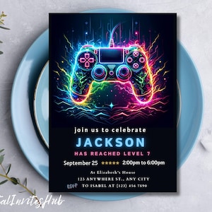 Video Game Party Invitation, EDITABLE Level up Birthday Invite, Blue ...