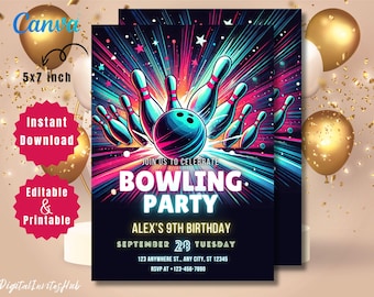Bowling Birthday Invitation, Glow Bowling Invitation, Neon Bowling ...