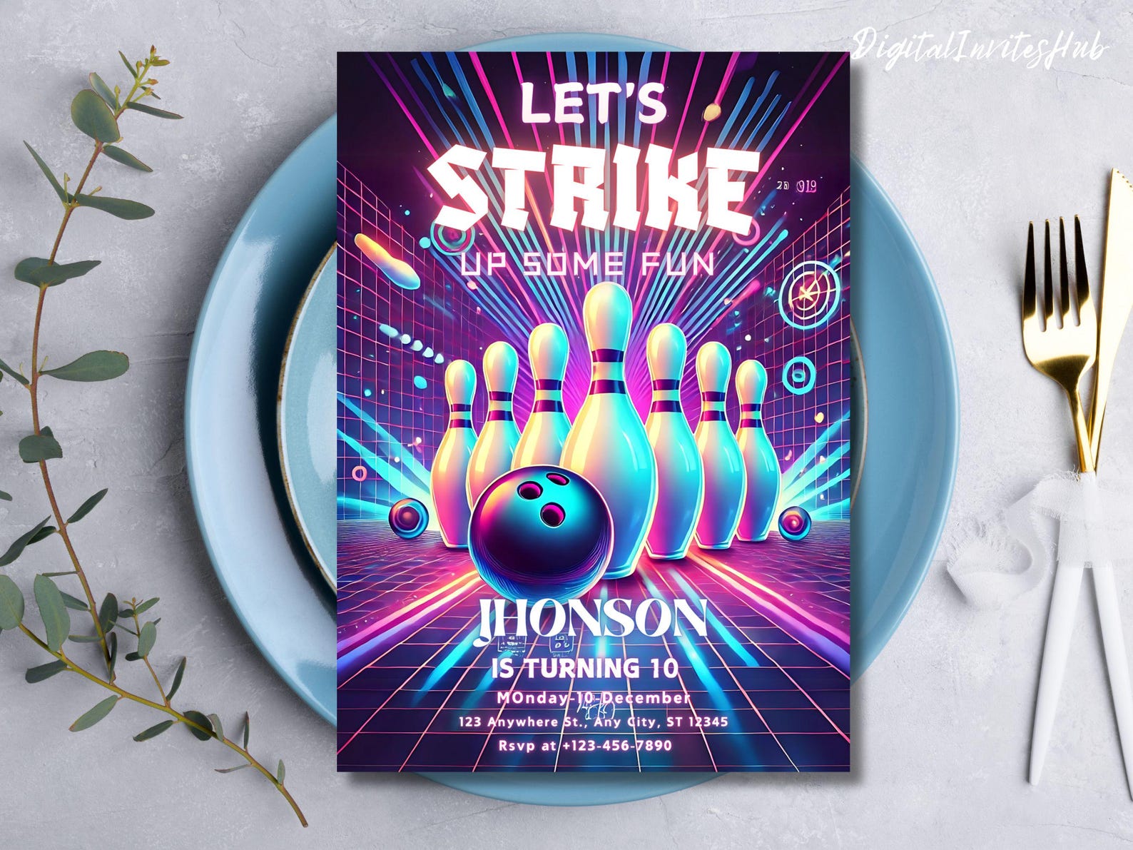 Glow Bowling Birthday Invitation: Neon Party, Editable 5x7 (PDF) - Etsy