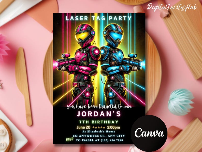 Editable Neon Laser Tag Birthday Invitation Template (digital Download ...