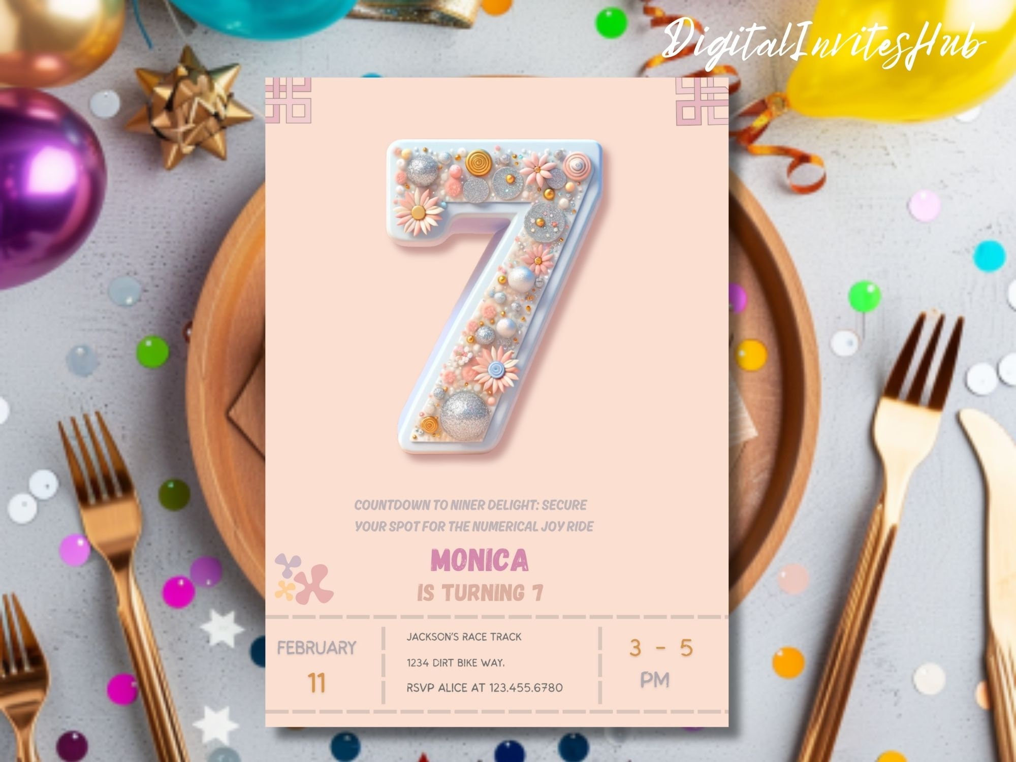 Editable 7th Birthday Invitation Glitter Seventh Birthday Invitation ...