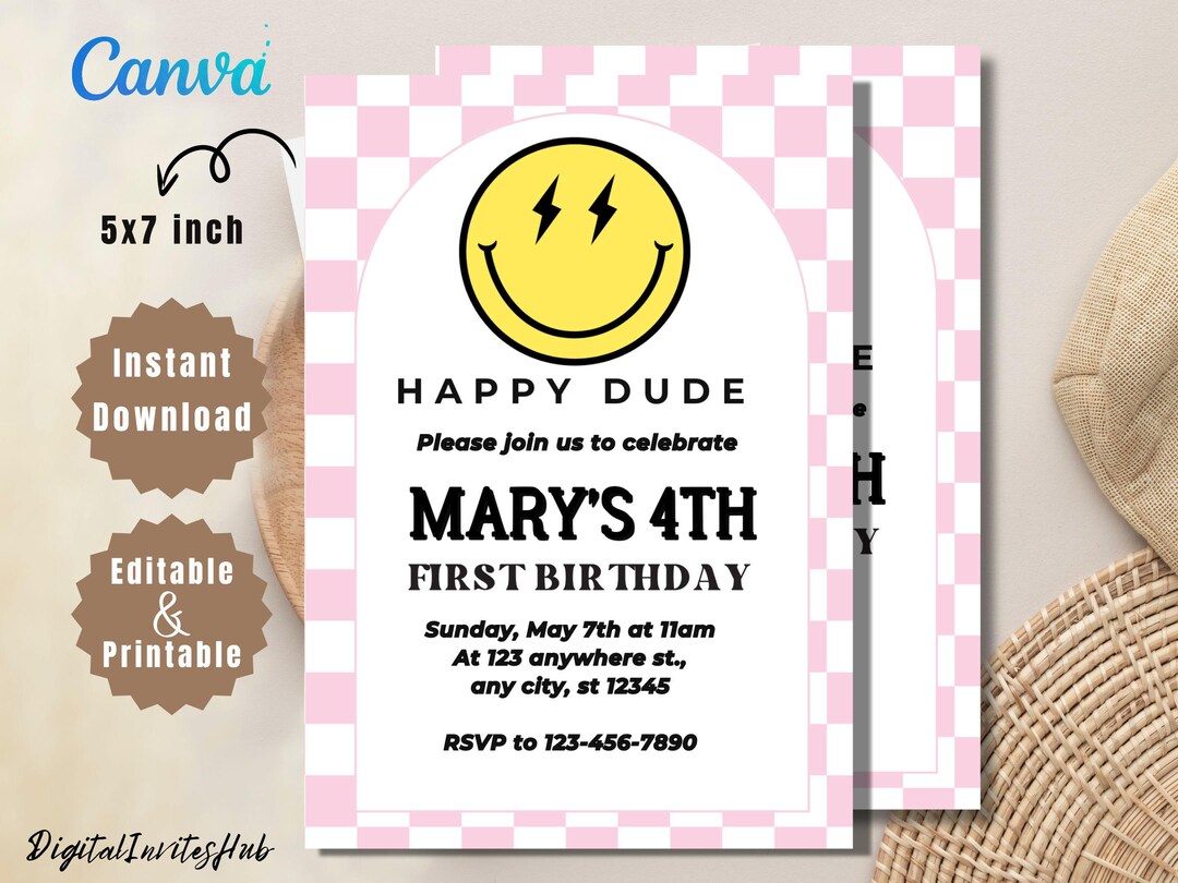 Editable Smiley Face Invite, Smiley Face Birthday, Emoji Invitation ...