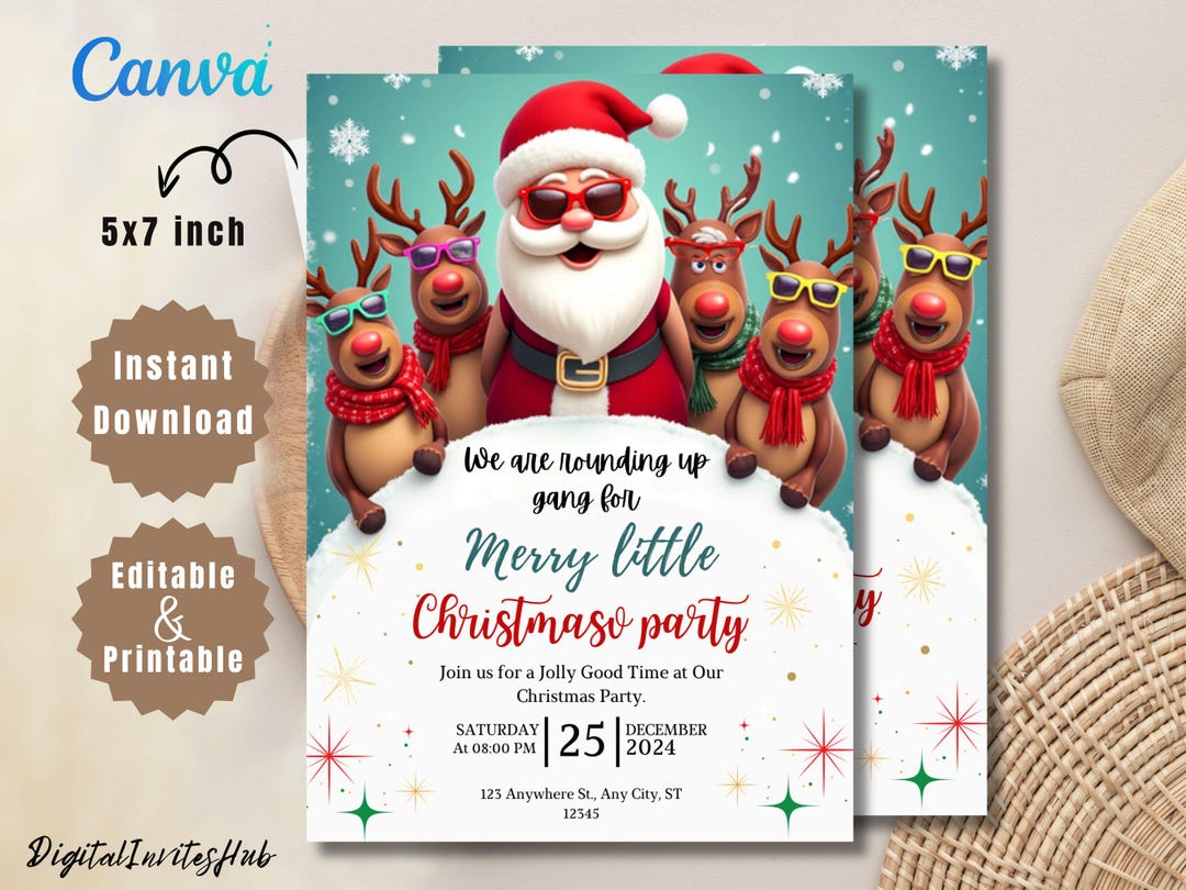 Editable Reindeer Christmas Party Invitation, We're Rounding up the ...