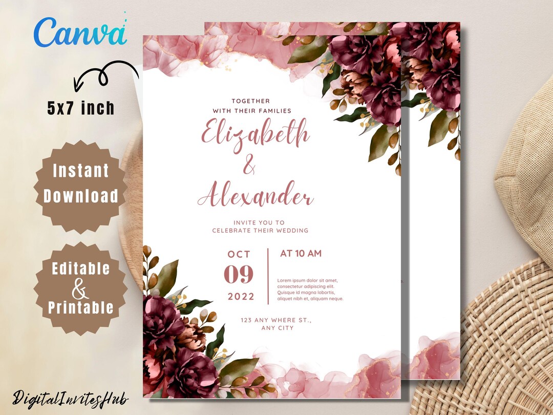 Fall Floral Wedding Invitation Template Set, Floral Wedding Invitation ...