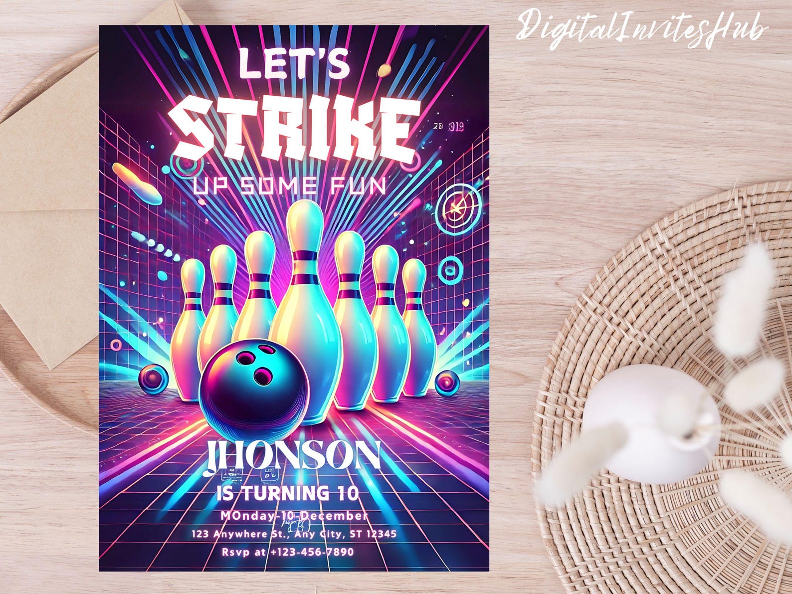 Glow Bowling Birthday Invitation: Neon Party, Editable 5x7 (PDF) - Etsy