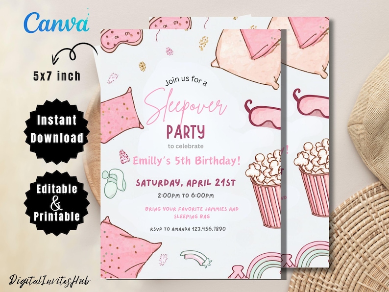 Editable Slumber Party Birthday Invitation: Pink Spa Theme (digital ...