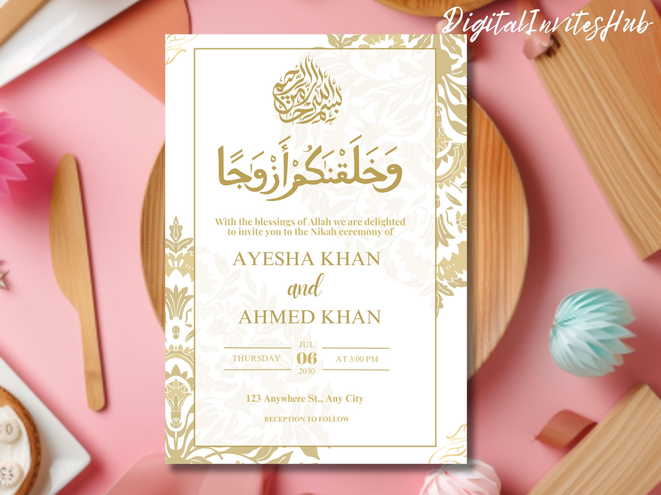 White and Gold Nikkah Invitation Card, Digital Muslim Wedding Invite ...