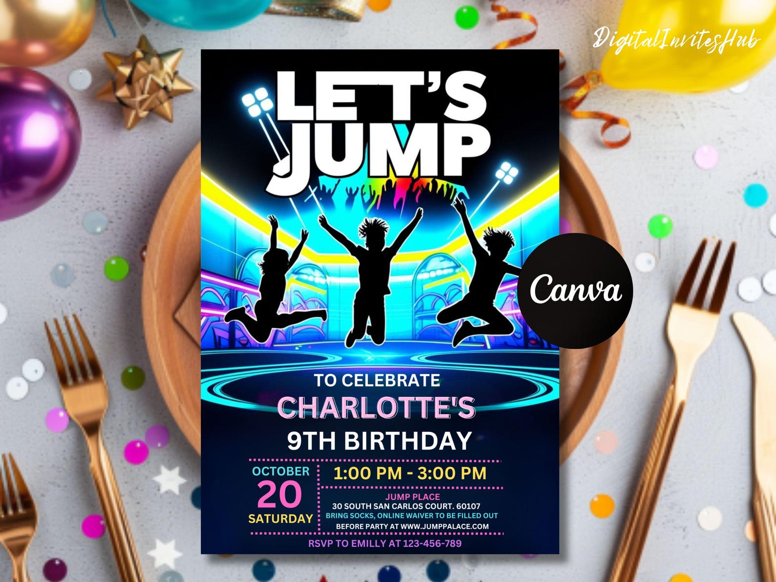 Trampoline Birthday Invitation: Editable Jump Party, 5x7 (canva ...
