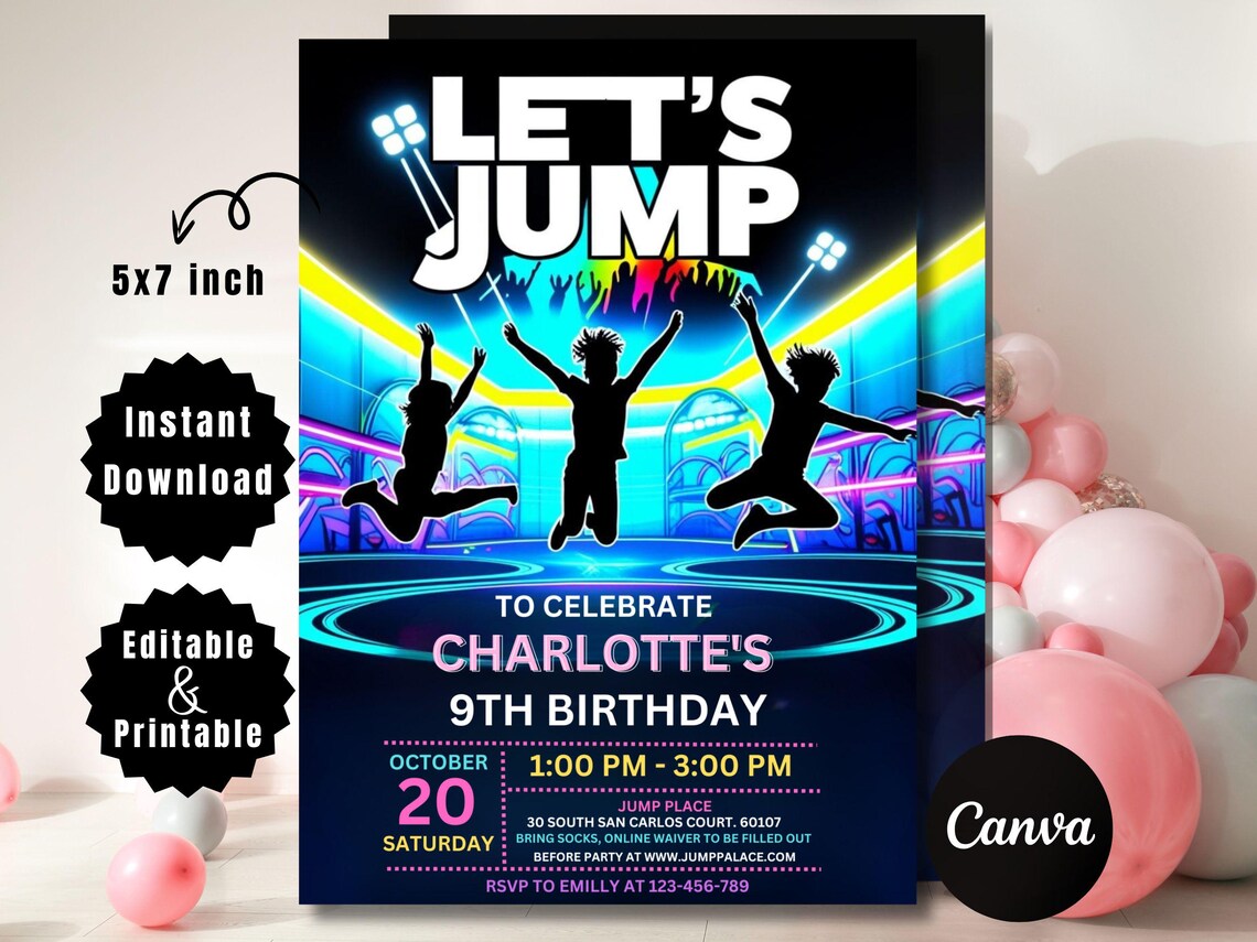 Trampoline Birthday Invitation: Editable Jump Party, 5x7 (canva ...