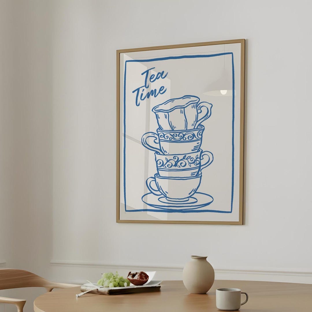 Tea Time Poster – Kitchen Wall Art, Blue Line Art Tea Cups Print, Cozy ...