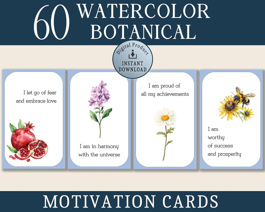 Watercolor Botanical Affirmation Cards – 60 Printable Positive Quotes ...