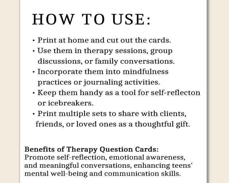 Printable Therapy Cards for Teens, DBT Tools, Self-discovery Prompts ...