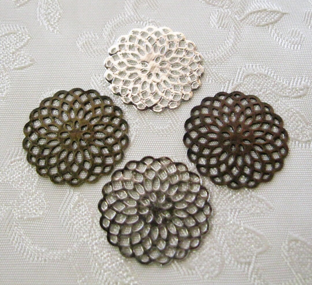 100pcs Round Filigree Coins Antique Bronze, Copper, Silver, Connector ...