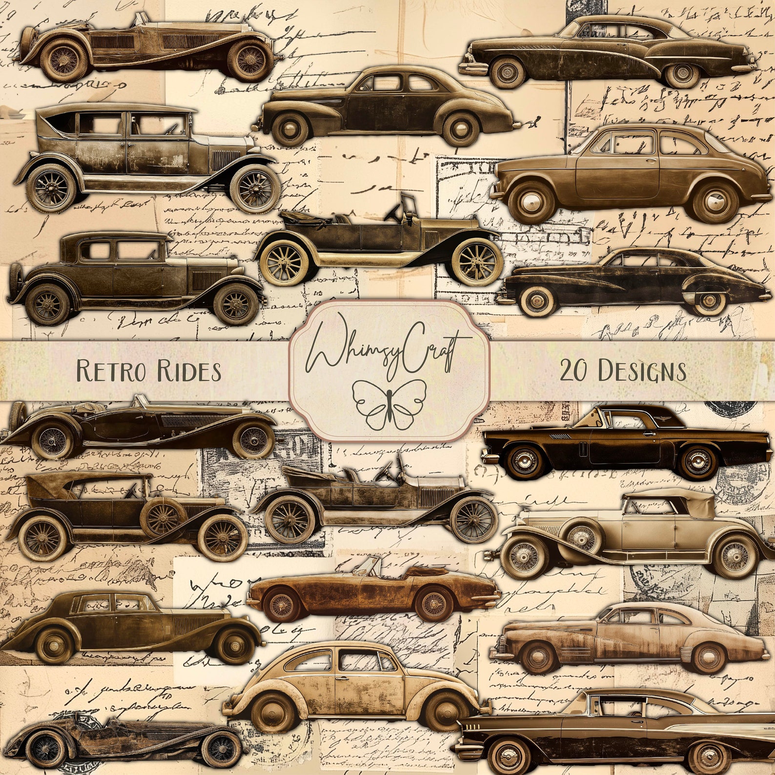 Retro Rides: 20 Printable Vintage Car Photos, Junk Journal Ephemera ...