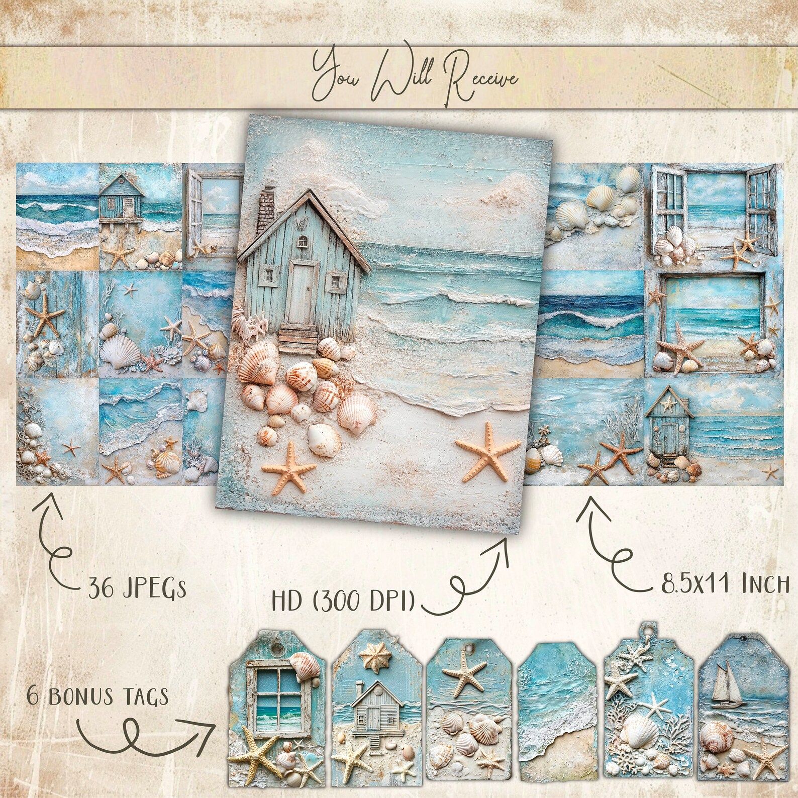 Coastal Collage: 36 Sea Themed Mixed Media Junk Journal Images, Shabby ...