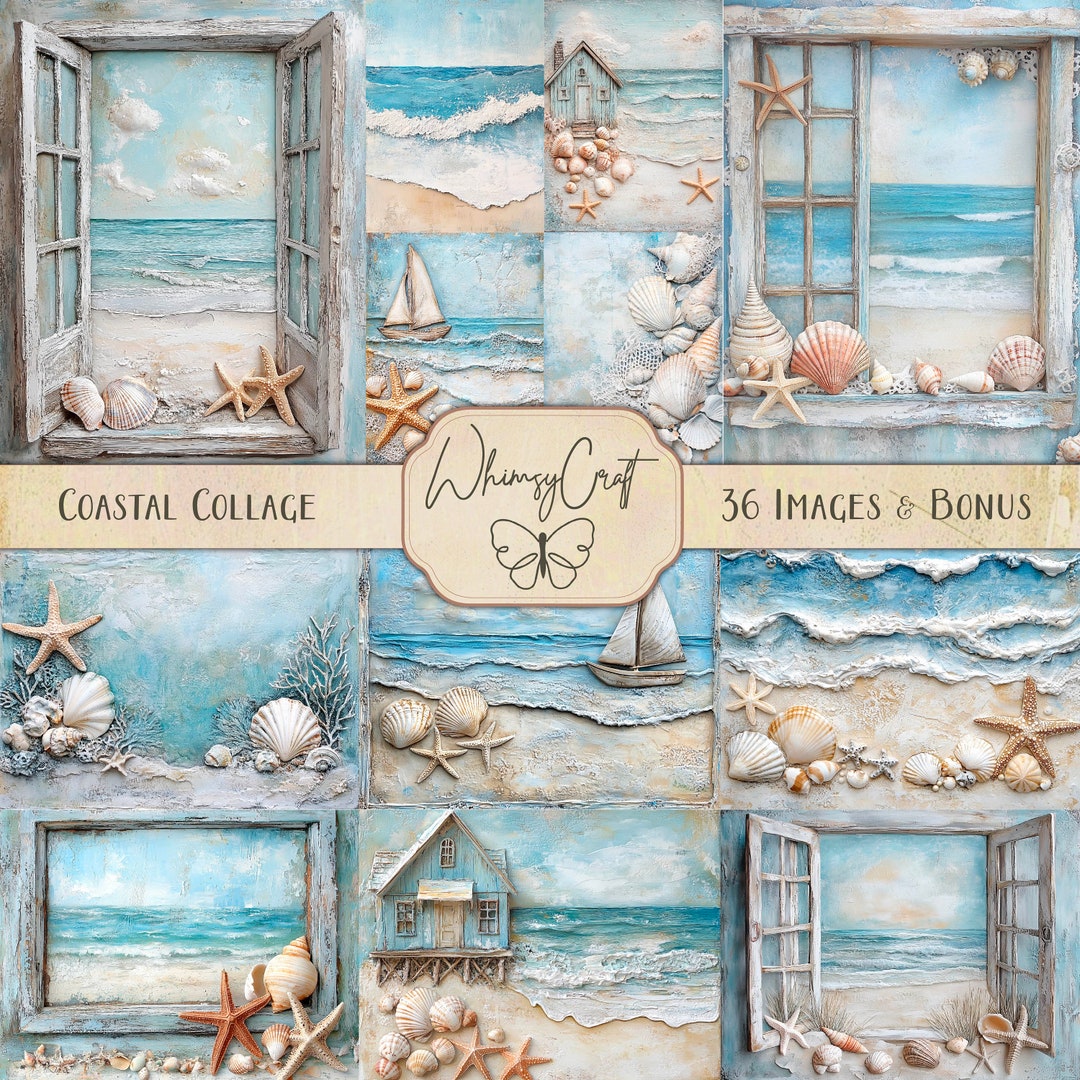 Coastal Collage: 36 Sea Themed Mixed Media Junk Journal Images, Shabby ...