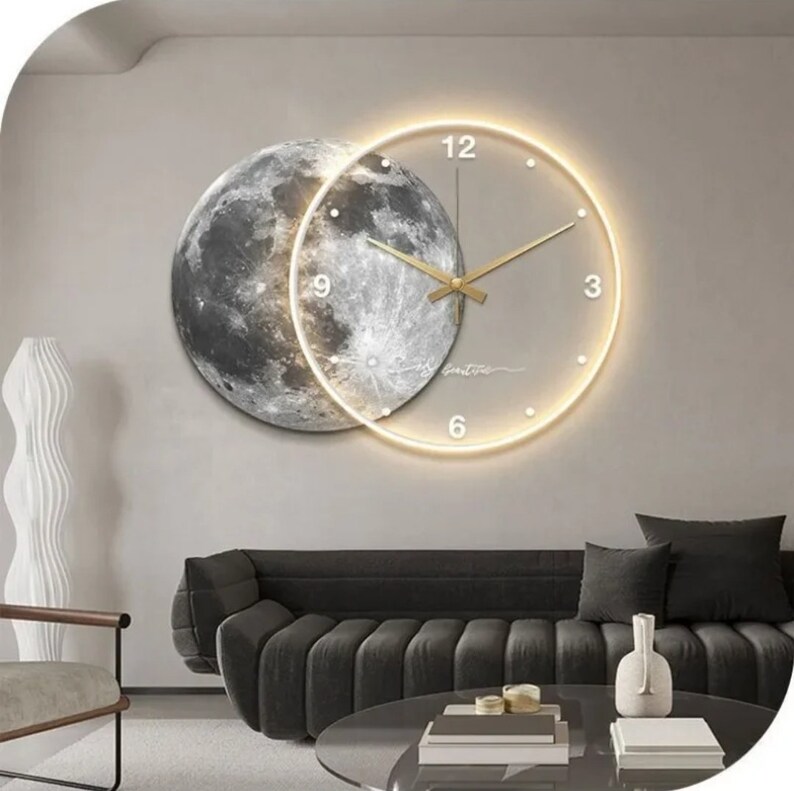 Luxurious LED Clock Wall Mounted Clock Moon Lunar Design Living Room ...