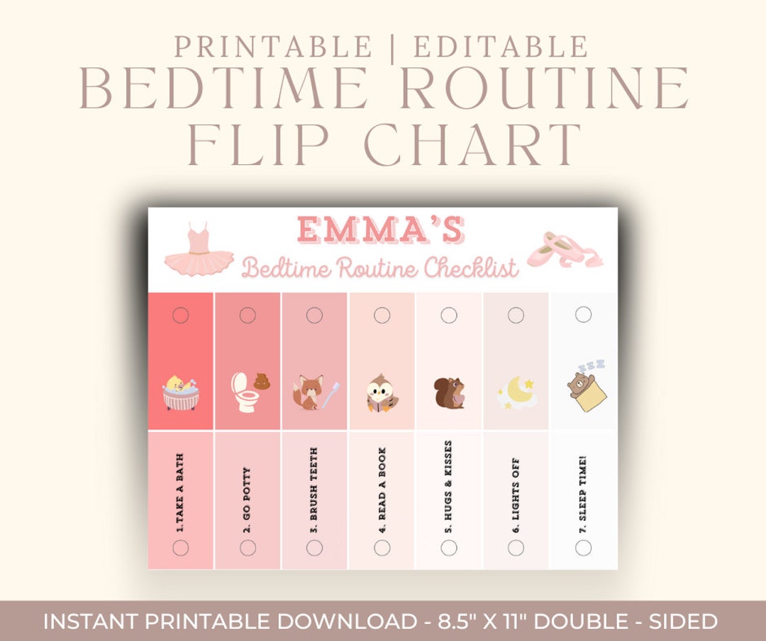 Editable Printable Pink Bedtime Routine Flip Chart | Visual Schedule ...