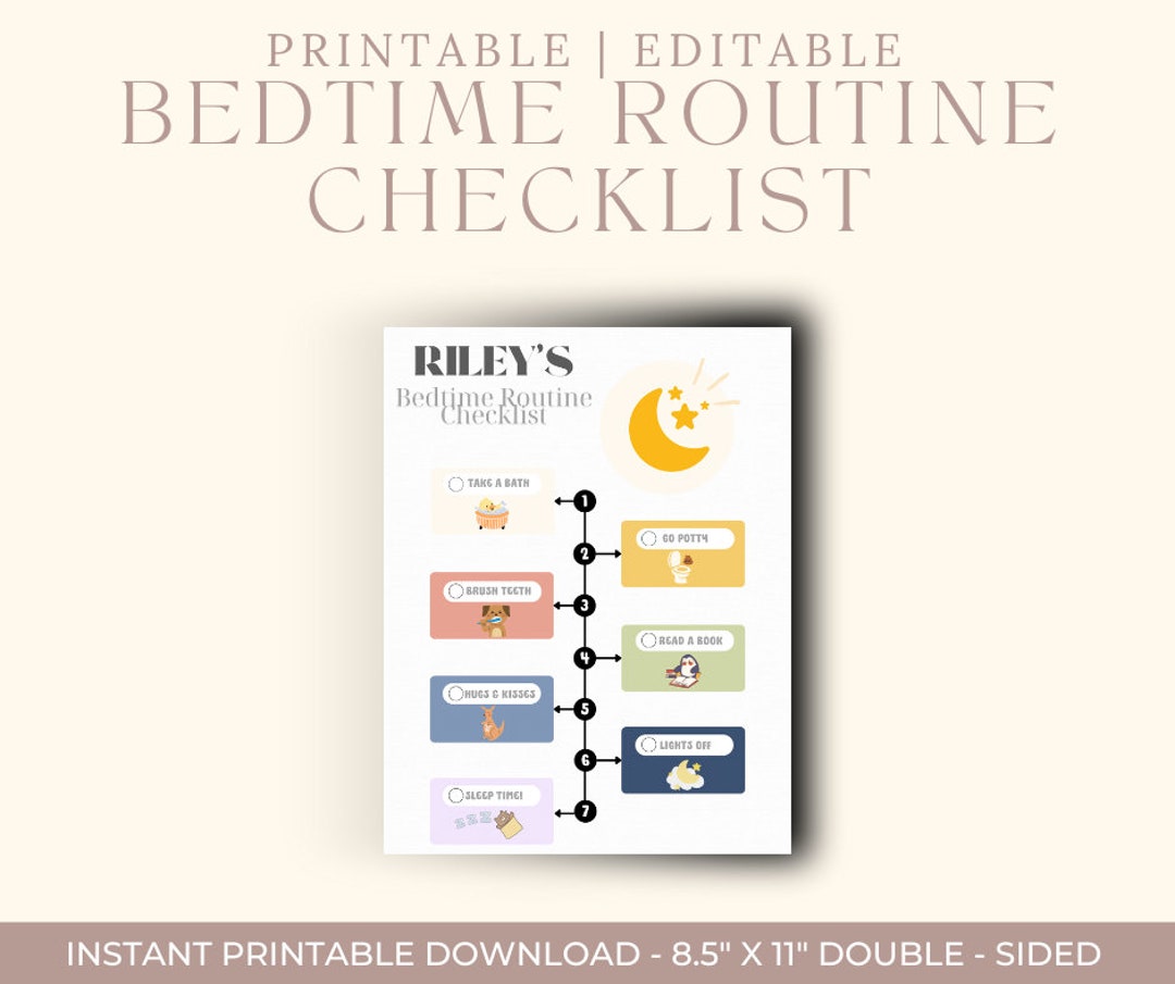 Editable Printable Neutral Bedtime Routine Checklist | Visual Schedule ...