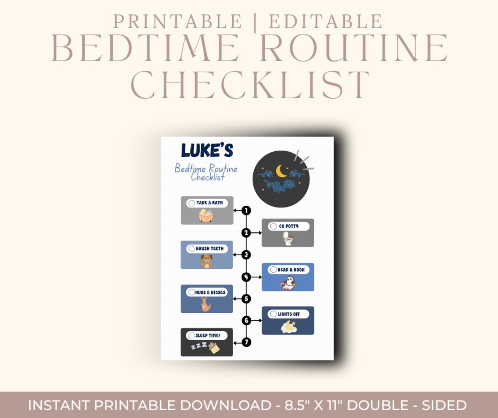 Editable Printable Blue Hues Bedtime Routine Checklist | Visual ...