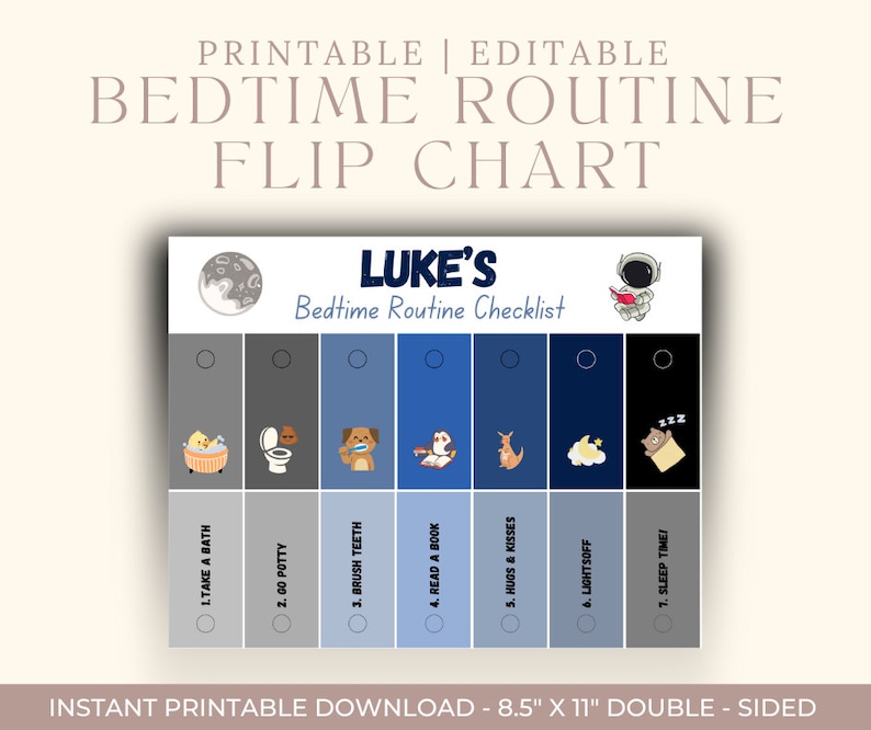 Editable Printable Blue Bedtime Routine Flip Chart | Visual Schedule ...