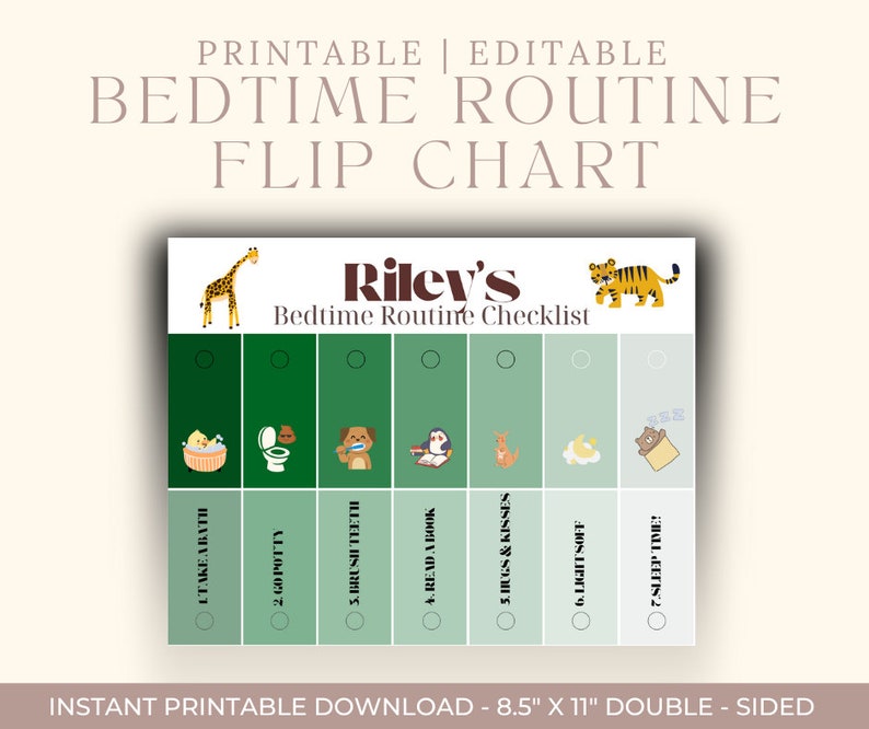 Editable Printable Green Bedtime Routine Flip Chart | Visual Schedule ...