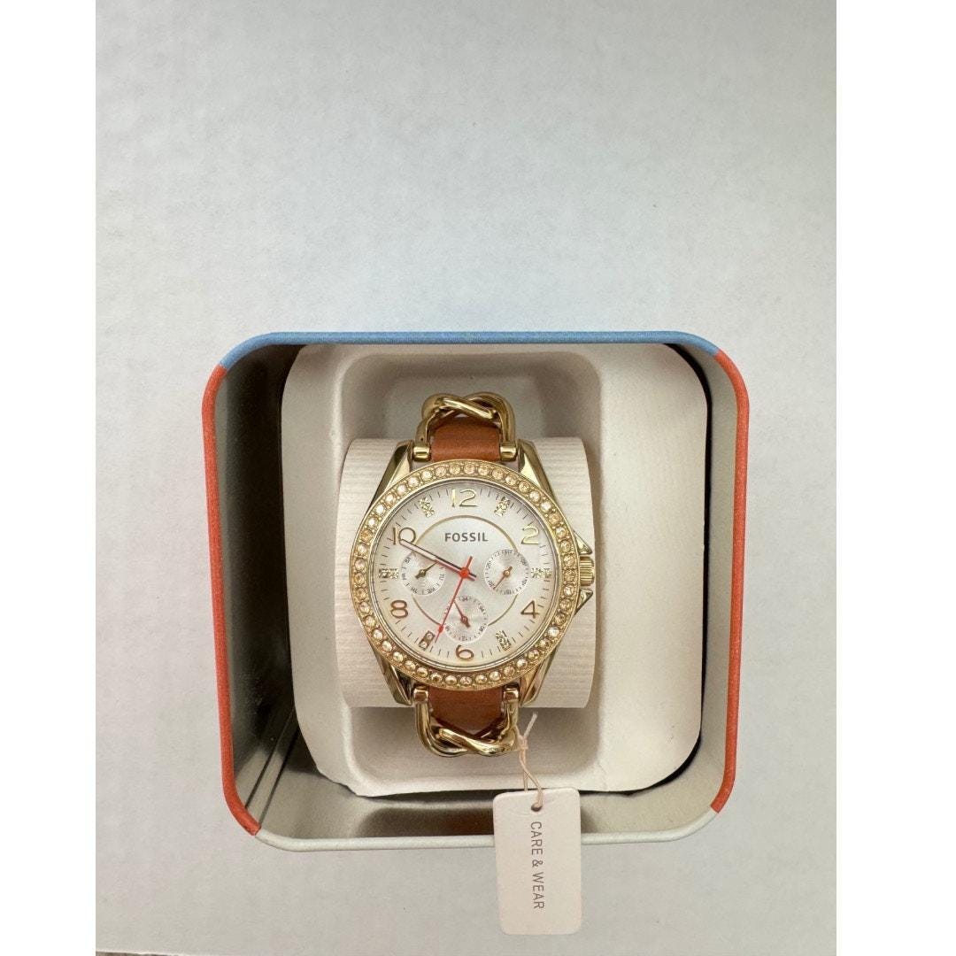 New With Tags Fossil Watch Gold With Brown Leather Strap Crystals ...